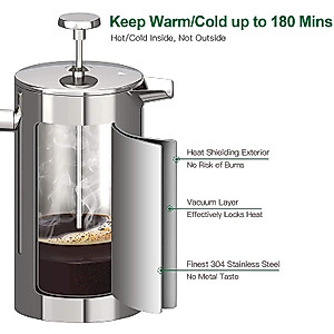 French Press Coffee Maker,Espresso And Tea Maker with Triple Filters,Stainless Steel 304 with Double-Wall Insulated Coffee Presser And Tea Pot