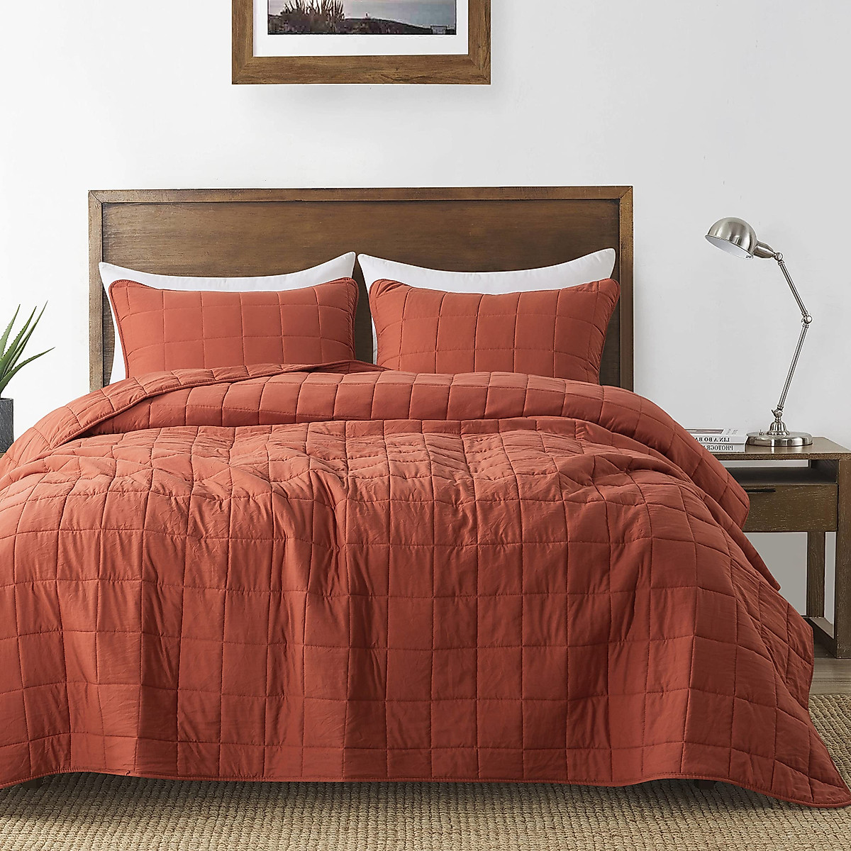 Burnt Orange Quilt Queen Size Bedding Sets with Pillow Shams, Red Lightweight Soft Bedspread Coverlet, Quilted Blanket Thin Comforter Bed Cover for All Season Spring Summer, 3 Pieces, 90x90 inches