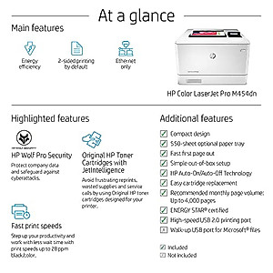 HP Color Laserjet Pro M454dn Print only Wired Laser Printer, 2-line Backlit LCD Display, 28 ppm, Auto Duplex Printing, 600 x 600 dpi, 8.5 x 14, USB 2.0, Ethernet, White, Cbmou Printer Cable