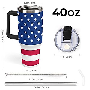 40 oz Tumbler, Large Capacity with Handle and Straw Travel Insulated Tumblers, Red Blue White American Flag Stainless Steel Cup for Women, Men