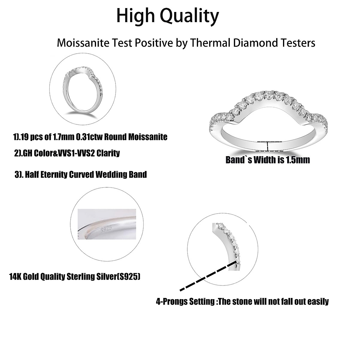 DovEggs Moissanite Wedding Band Half Eternity for Women 1.5mm G-H-I Color Heart Arrows Cut Moissanite Stackable Curved Half Band Anniversary Ring 14k Gold QUALITY Silver(8)