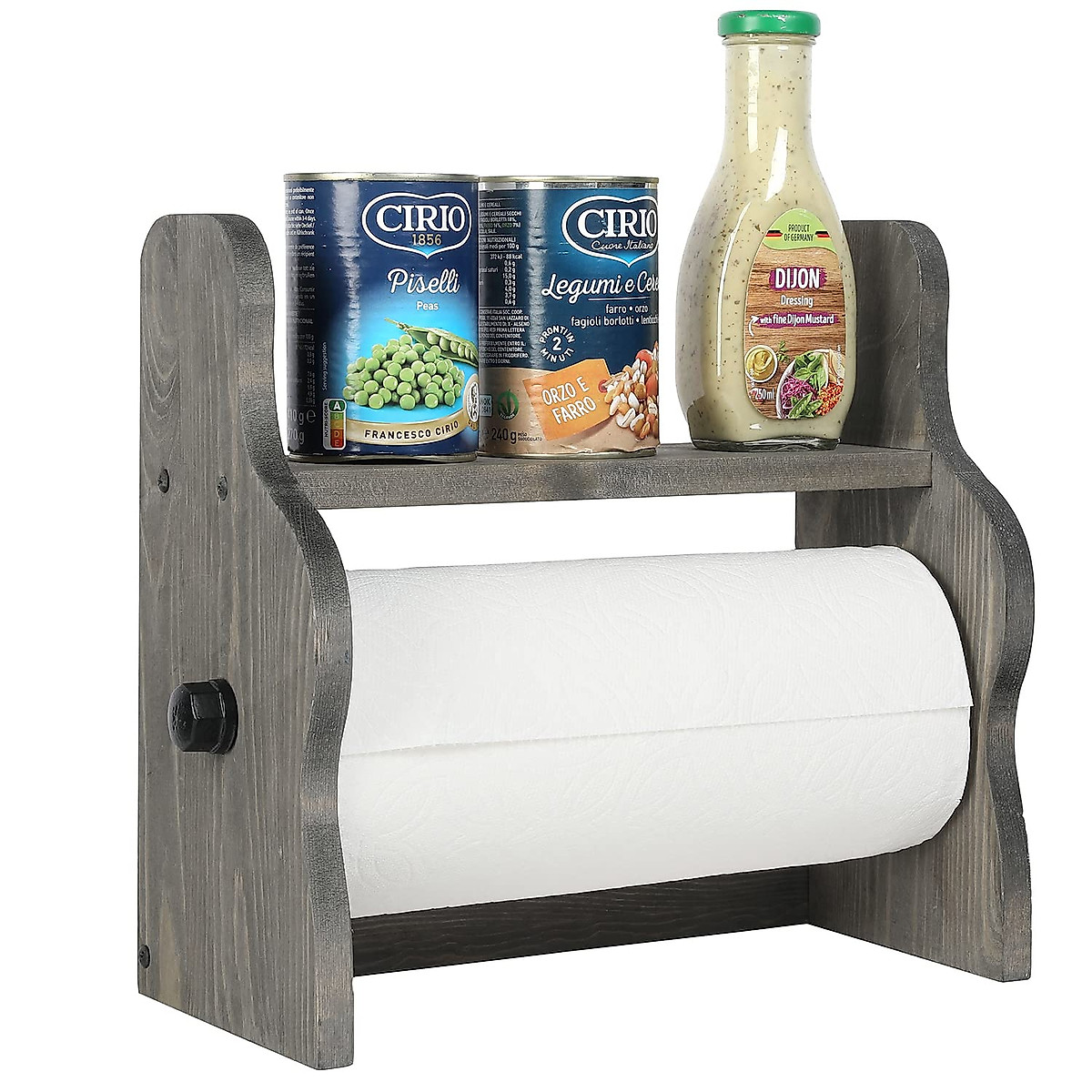 MyGift Wall Mounted Vintage Gray Solid Wood Paper Towel Holder and Spice Jars Storage Shelf with Industrial Black Metal Pipe Bar, Countertop Paper Towel Dispenser