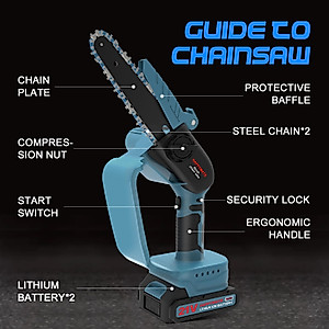 Mini Chainsaw Cordless 8 Inch, HAPPYMATE Mini Chainsaw Battery Powered, 2 Packs Rechargeable Batteries, Handheld Small Electric Chainsaw for Wood Branch Cutting and Tree Trimming, Blue