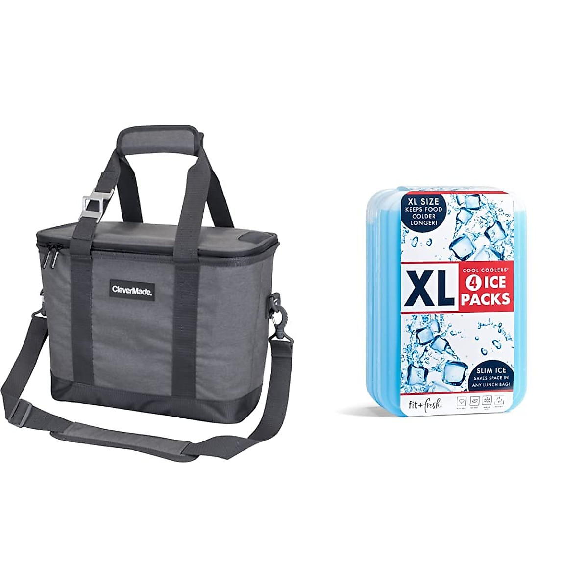 CleverMade Collapsible Cooler Bag with Shoulder Strap: Insulated Leakproof 30 Can Portable Soft Beverage Tote & Fit & Fresh XL Cool Coolers Freezer Slim Ice Pack for Lunch Box, Set of 4, Large, Blue