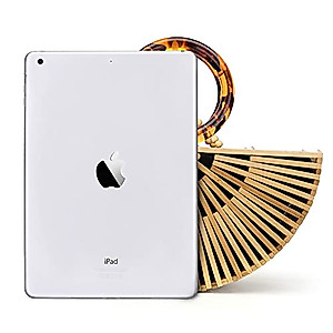 summer beach holiday bamboo woven bag retro portable straw woven bag Tote Bamboo Handbag Bown straw bag Acrylic rattan bag drawstring beach bags for summer (X-Small(10.23"x11"x3.2")),Natural)