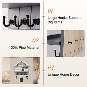 CRAKTH Grey Key and Mail Holder for Wall, House Key Rack Wall Decorative, Wood Key Hook Wall Mount, Wall Mail Organizer, Unique Key Hanger Has Large Hooks for Bags, Coats, Umbrella