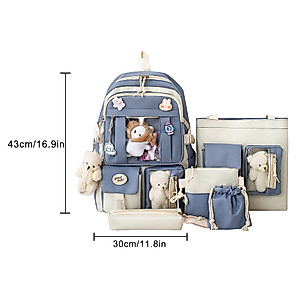 Cute Backpack with Cute Plushes and Pins 5Pcs Set Cute Travel Rucksack School Bag Aesthetic Backpack for Girls