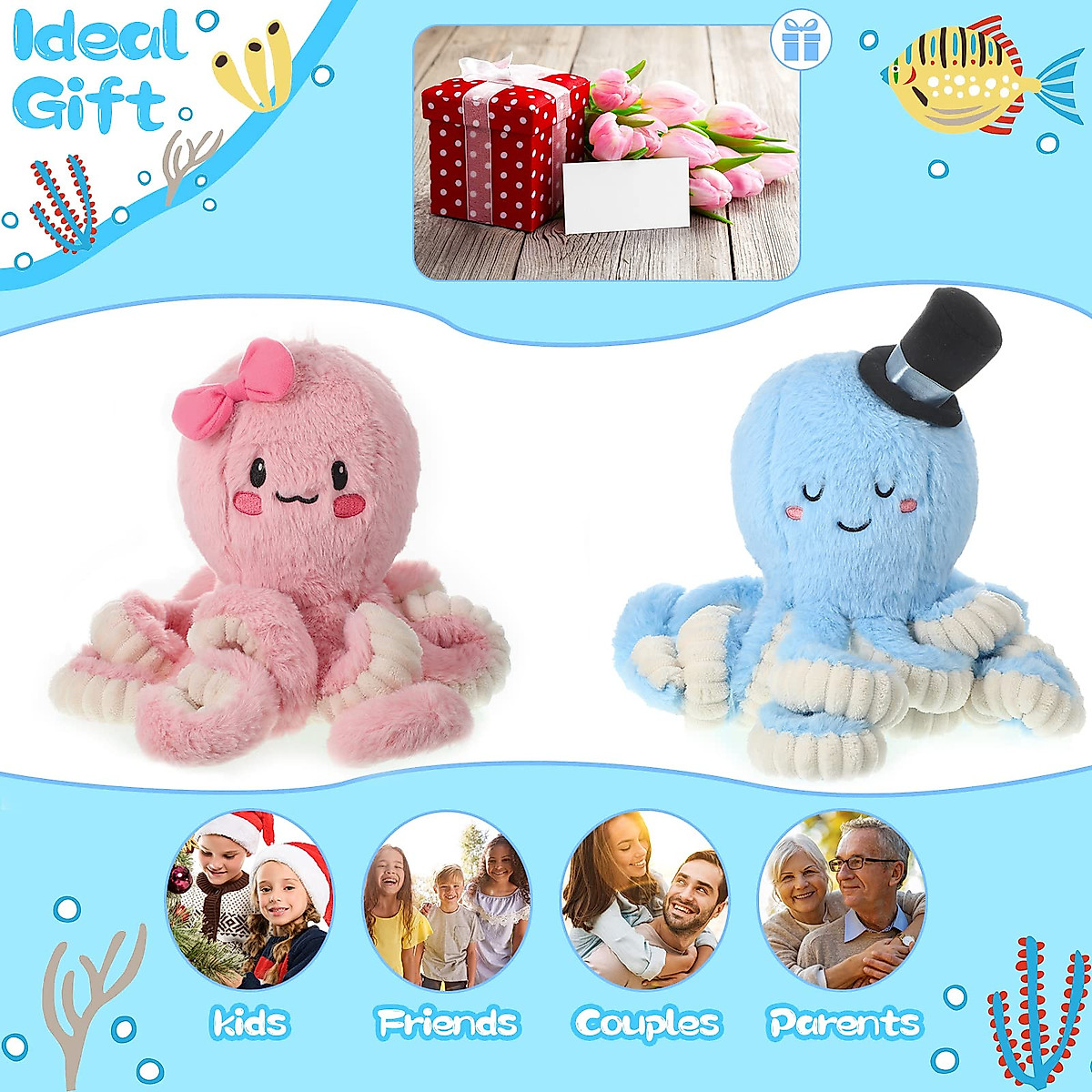 2 Pcs Octopus Stuffed Animals 16 Inches Cute Summer Plush Doll Play Toy Octopus Animal Soft Toy Marine Doll for Gender Reveal Party Teens Adults Birthday Holiday Presents