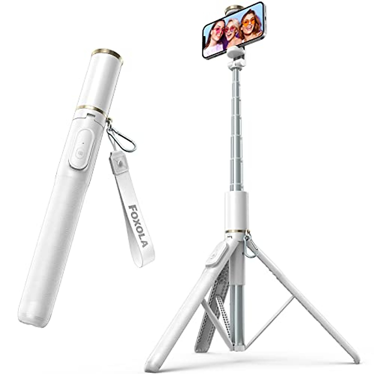 FOXOLA 61" Phone Tripod & Selfie Stick, Extendable All-in-1 Cell Phone Tripod Stand with Wireless Remote, Portable Tripod for iPhone14/13/12 Android in Selfies/Live Stream/Record/Vlog, White