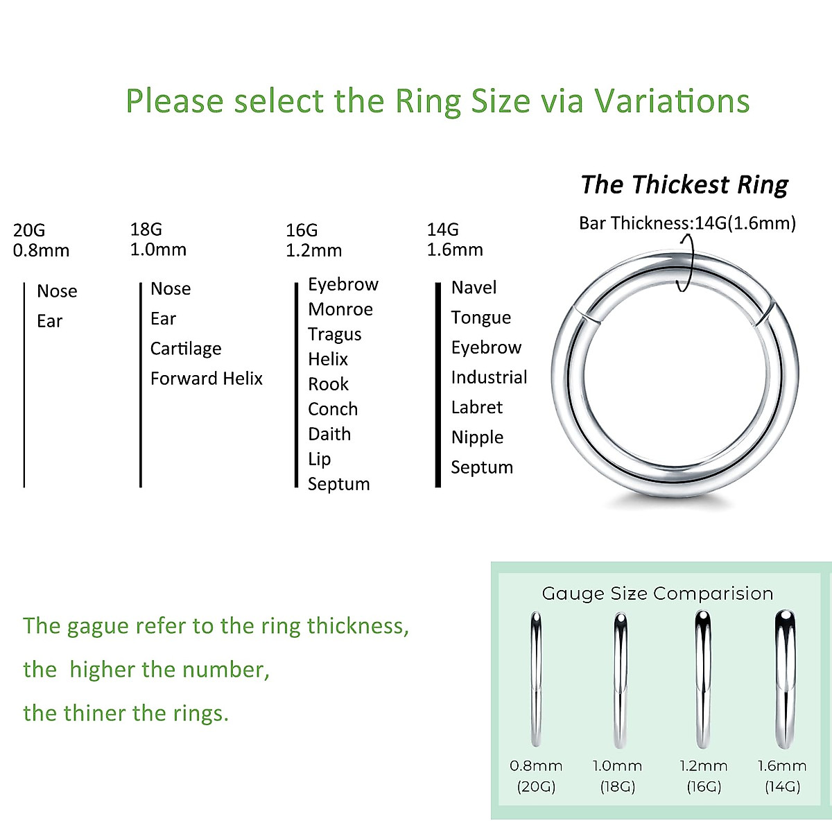 Xpircn 5PCS 16G Stainless Steel Nose Rings Hoop Hinged Segment Septum Clicker Daith Tragus Helix Cartilage Earrings Piercing for Women Men (Mixed Color, 16g 8mm, 5PCS)