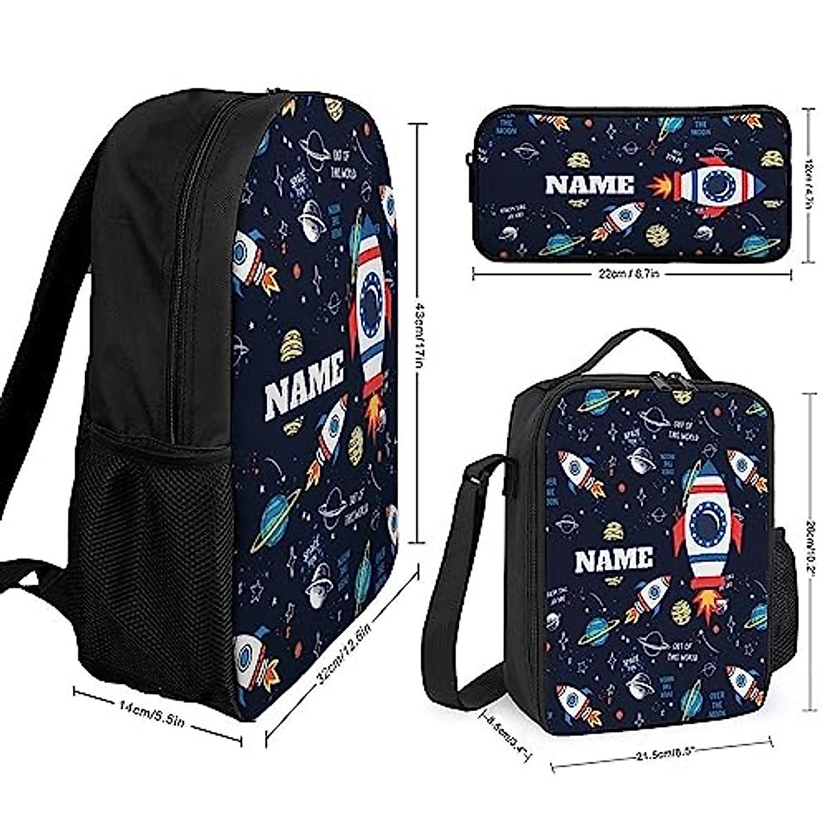 Aicihert Custom Galaxy Planet Rocket Backpack Personalized 3 Piece Set Backpack with Your Name Text School Bag Customized Bookbag with Lunch Box And Pencil Case Set for Boys Girls Student