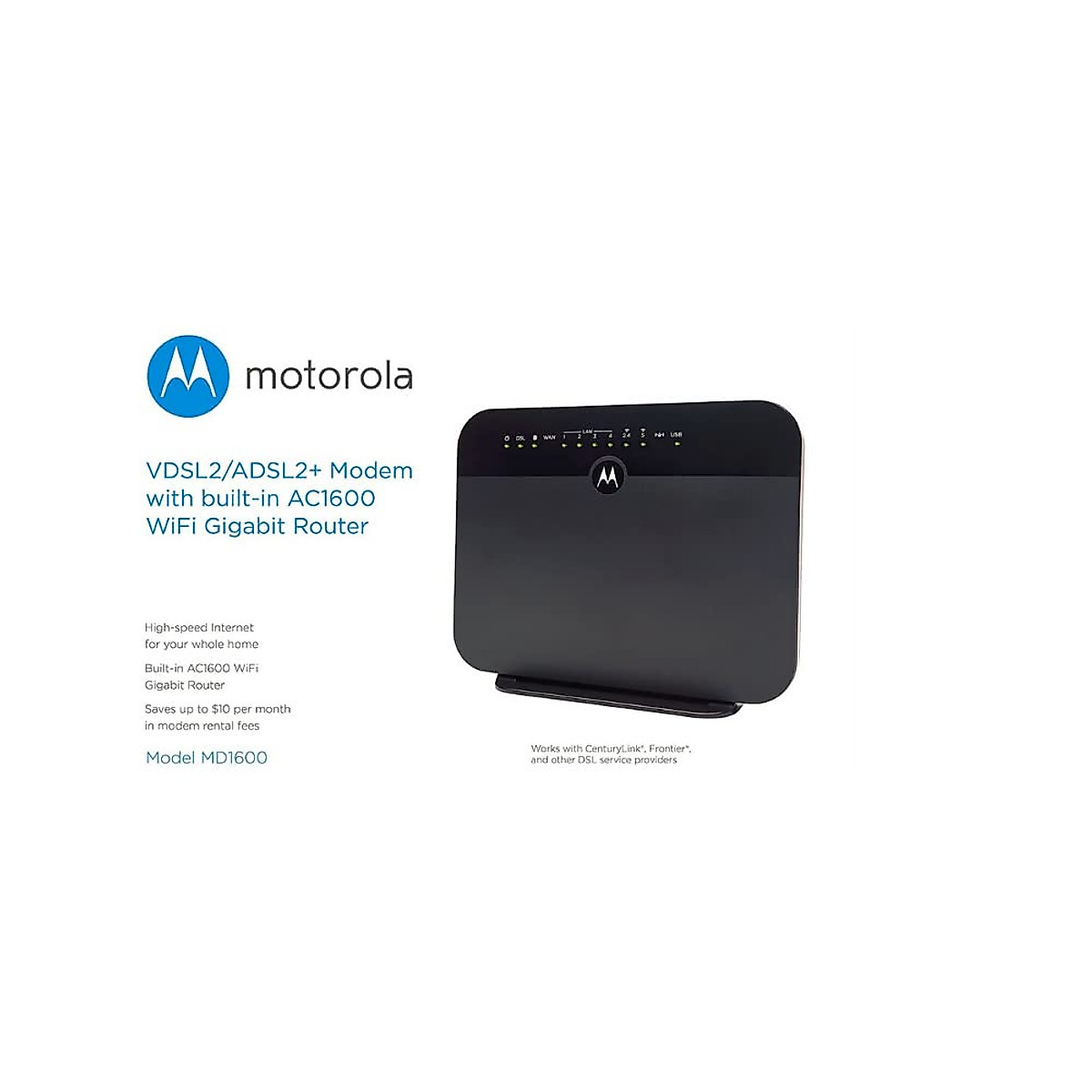 MOTOROLA VDSL2/ADSL2+ Modem + WiFi AC1600 Gigabit Router, Model MD1600, for Non-Bonded, Non-Vectoring DSL from Frontier and Some Other DSL Providers (Renewed)
