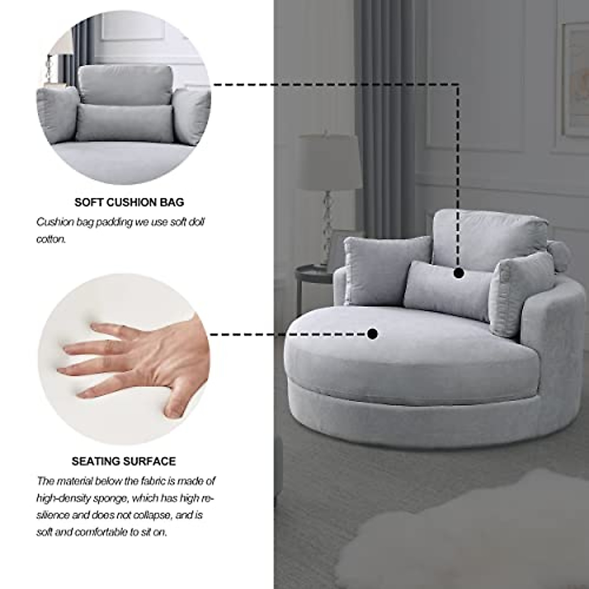 FULife Oversized Swivel Accent Barrel Chair with Storage Ottoman+4 Pillows,Comfy Upholstered 360 Recliner Sofa Club Chaise Leisure Round Loveseat Lounge Armchair for Living Room/Hotel/Nursery