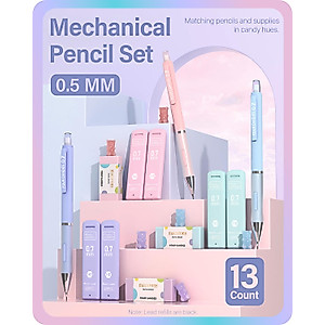 Four Candies Pastel Mechanical Pencil Set - 3PCS 0.5mm Mechanical Pencils with 240PCS HB Lead Refills, 3PCS Erasers and 9PCS Eraser Refills, Cute Colored Mechanical Pencils for Drawing & Writing