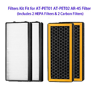 AT-PET01 AT-PET02 Replacement Filter for HoMedics PetPlus AT-PETODR and TotalClean AT-OFL, AT-PET01, AT-PET02 and AR-45, 2 Pack H13 True Hepa and 2 Pack Activated Carbon Filter