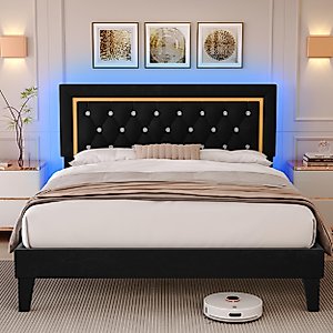 Fastroby Black Queen Size Bed Frame with LED Light, Adjustable Headboard Tufted, Velvet Upholstered Platform Bed Frame No Box Spring Needed, Easy Assembly