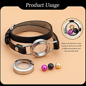 Africanbeads 316L Stainless Steel Memory Floating Locket Bracelet with 3 Pearls,fit 6-7mm Freshwater Pearls or Gems,Colorful Leather Charm Bangles for Women(Black)