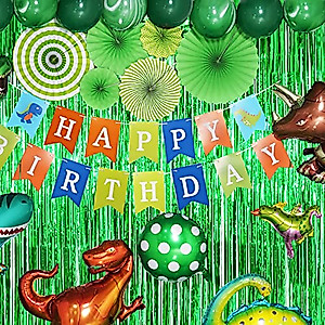 GoGoGoodie Dinosaur Party Decorations-Three Rex Jurassic World Park Themed Birthday Decorations Green Balloons Arch Garland Kit Dino Foil Balloons HAPPY BIRTHDAY Banner Paper Fan Curtains for Boys