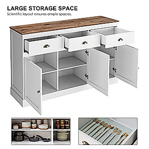 Keyluv White Buffet Cabinet Storage Kitchen Cabinet Sideboard Farmhouse Buffet Server Bar Wine Cabinet with 3 Drawers & 3 Doors Adjustable Shelves Console Table for Dining Living Room Cupboard