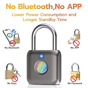 Pothunder Fingerprint Smart Padlock Lock, Biometric Metal Keyless Thumbprint Lock, Waterproof, USB Rechargeable, for Gym Locker, School Locker, Luggage, Backpack, Suitcase(Gray)