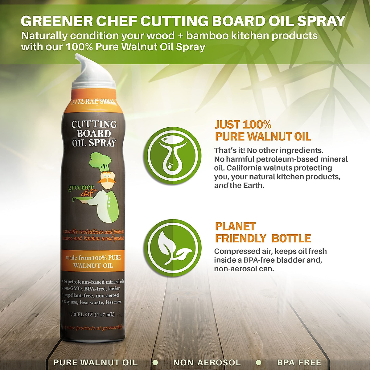 XXL Bamboo Cutting Board and Food Grade Oil Spray by Greener Chef