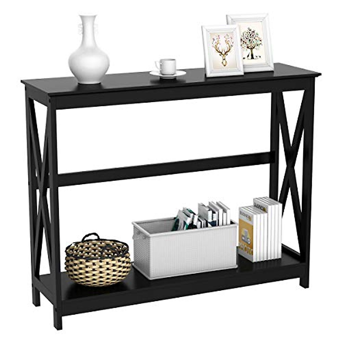 Yaheetech Console Table for Entryway, 2 Tier Entryway Table Bookshelf Accent Table w/Storage Shelf Living Room Entry Hall Foyer Table Furniture, Black,X-Design