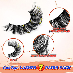 Lashes Mink False Eyelashes Natural Look Fluffy Wispy Eye Lashes with Clear Band 18MM Fake Eyelashes D Curl Strip Cat Eye Lashes 7 Pairs Pack
