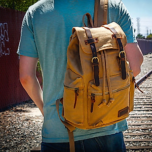 GEARONIC Vintage Canvas Backpack, Casual Daypack Backpacks for Men Women, 15inch Laptop Bag Travel Hiking Camping Rucksack - Khaki