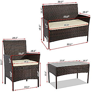 4 Pieces Outdoor Furniture Set Patio Rattan Conversation Furniture Set All-Weather Wicker Bistro Set Comfortable Chairs and Coffee Table Outdoor Indoor Use Patio Poolside Backyard Garden (Brown)