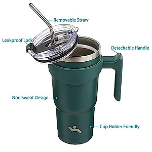 Konokyo 20 oz Tumbler with Handle and 2 Straw 2 Lid, Insulated Water Bottle Stainless Steel Vacuum Cup Reusable Travel Mug,Army Green