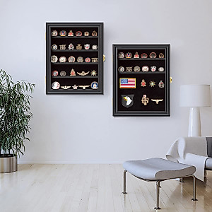 Verani Medals Display Case - Military Challenge Coin Display Shadow Box - Pin Display Cabinet with Removable Shelves and Pinnable Background for Badges Ribbons Insignia Buttons Small Black