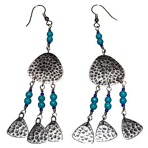 Santa Fe Antique Silver Plated Brass Triple Dangle Triangle Earrings - Turquoise