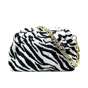 Amamcy Women Fashion Dumpling Bag Faux Fur Fuzzy Purse Cloud Handbag Fluffy Shoulder Bag with Alloy Shoulder Strap Zebra Cow Print