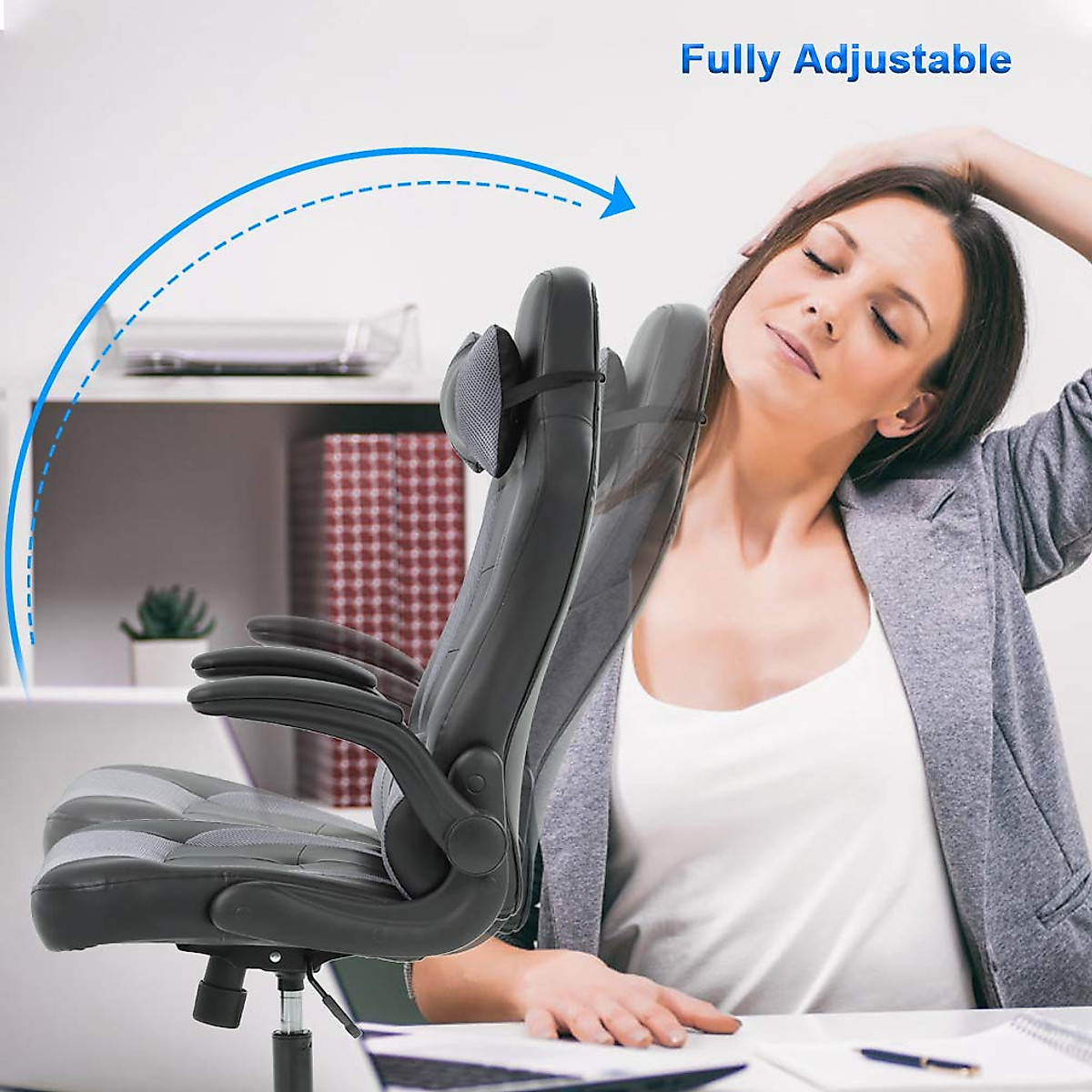 BestOffice PC Gaming Chair Ergonomic Office Chair Desk Chair with Lumbar Support Flip Up Arms Headrest PU Leather Executive High Back Computer Chair for Adults Women Men (Grey)