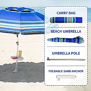 AMMSUN 7ft Heavy Duty High Wind Beach Umbrella Parasols with sand anchor & Tilt Sun Shelter, UV 50+ Protection Outdoor Sunshade Umbrella with Carry Bag for Patio Garden Beach Pool Backyard Stripe Blue