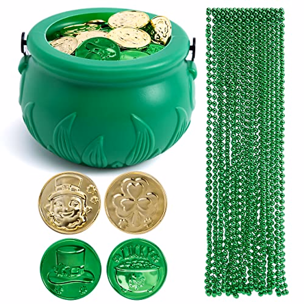JOYIN 119 PCS St Patrick's Party Supplies Set with 1 Green Cauldron, 100 St Patrick’s Day Lucky Leprechaun Shamrock Plastic Coins and 18 Bead Necklaces for Saint Patricks Pot of Gold Party Supplies