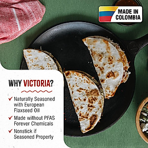Victoria 10.5-Inch Cast Iron Comal Griddle Pan with a Long Handle, Preseasoned with Flaxseed Oil, Made in Colombia