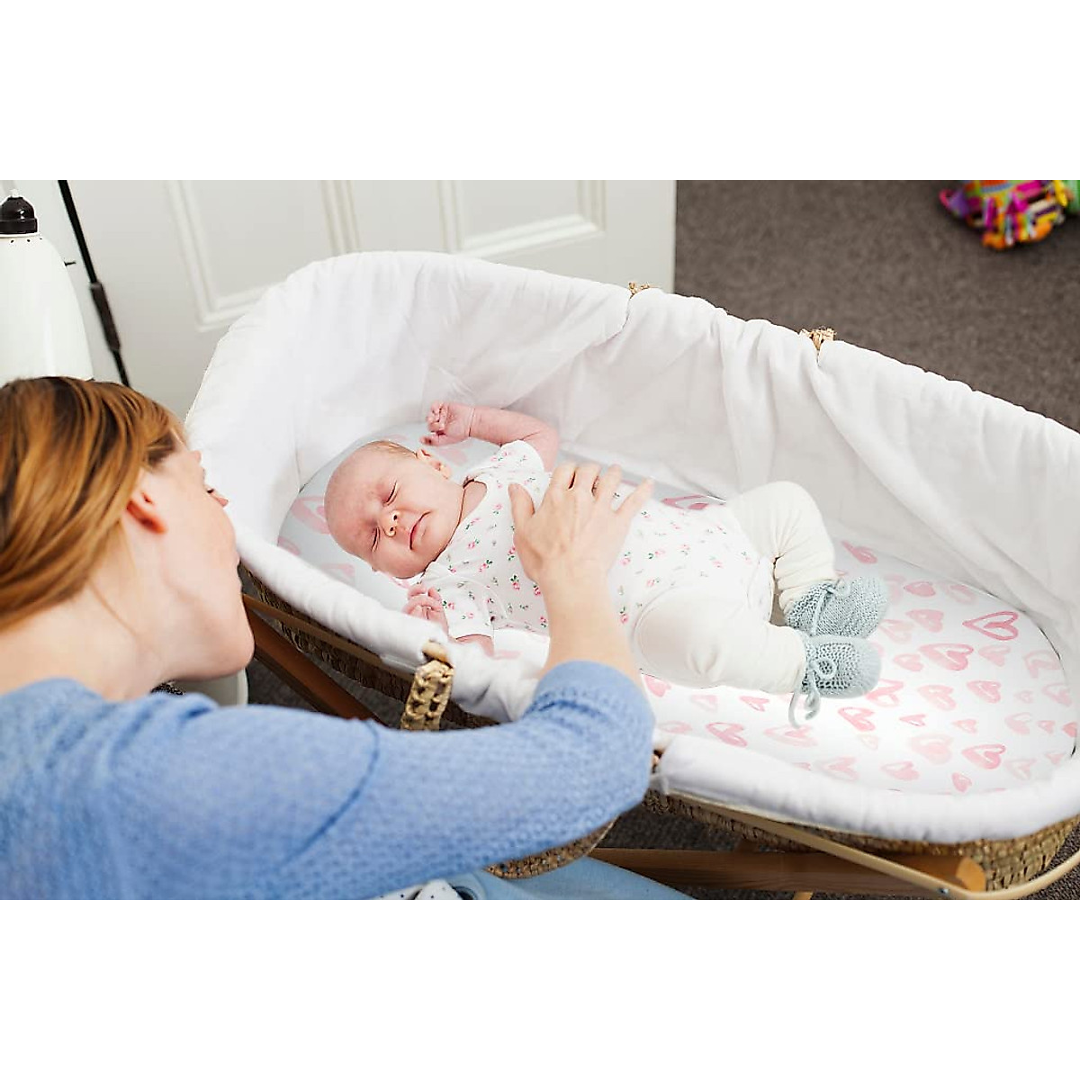 Fitted Bassinet Sheets Fitted for Baby Girl, 33"x16" Stretch to Fit Different Cradle and Bassinet Mattress Set, Ultra Soft Breathable Cozy Cradle Sheets, 2 Pack. (Love - Flowers)