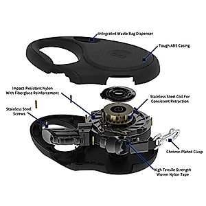 TUG Oval 360° Tangle-Free Retractable Dog Leash with Integrated Waste Bag Dispenser (Medium, Black)