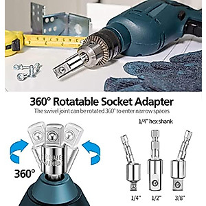 24pcs Flexible Drill Bit Extension Set, 105°Right Angle Drill Attachmen, Rotatable Joint Socket 1/4 3/8 1/2 Inch Hex Socket Adapter Socket Bendable Drill Bit Extension Screwdriver with a Box (Black)