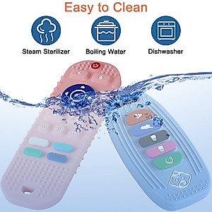 AIZIXIN 2 Pack Silicone Baby Teething Toys,TV Remote Control and Car Key Shape Teething Toys for Babies 3-24 Months, Baby Teethers Relief Soothe Toys, Baby Chew Toys for Toddlers(Pink&Blue)