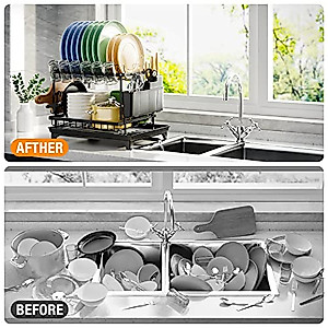 kenvc Dish Drying Rack,Dish Rack Kitchen Counter,Dish Racks for Kitchen Counter,Board Holder, 6 Cup Holder，Removable Large Capacity Dish Drainer, Rust-Proof Dish Drainer, Black