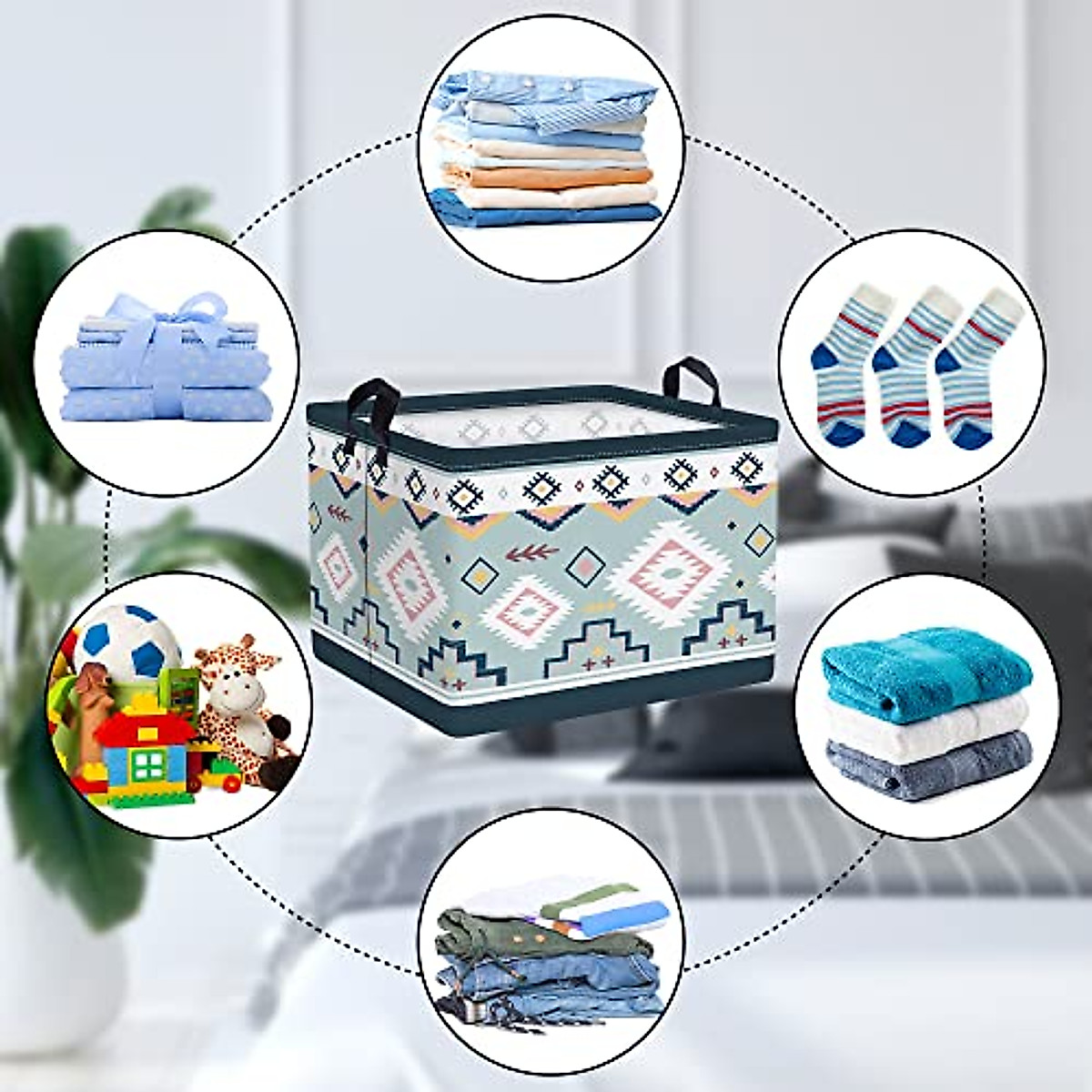 Clastyle Rectangle Blue Boho Clothes Storage Baskets Collapsible Waterproof Geometric Storage Bin for Living Room, 15.7 * 11.8 * 11.8 in