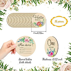 16 Pieces Wooden Baby Monthly Milestone Cards Floral Baby Monthly Milestone Marker Discs Double Sided Monthly Milestone Wooden Circles Baby Months Signs for Baby Shower Newborn Photo Props