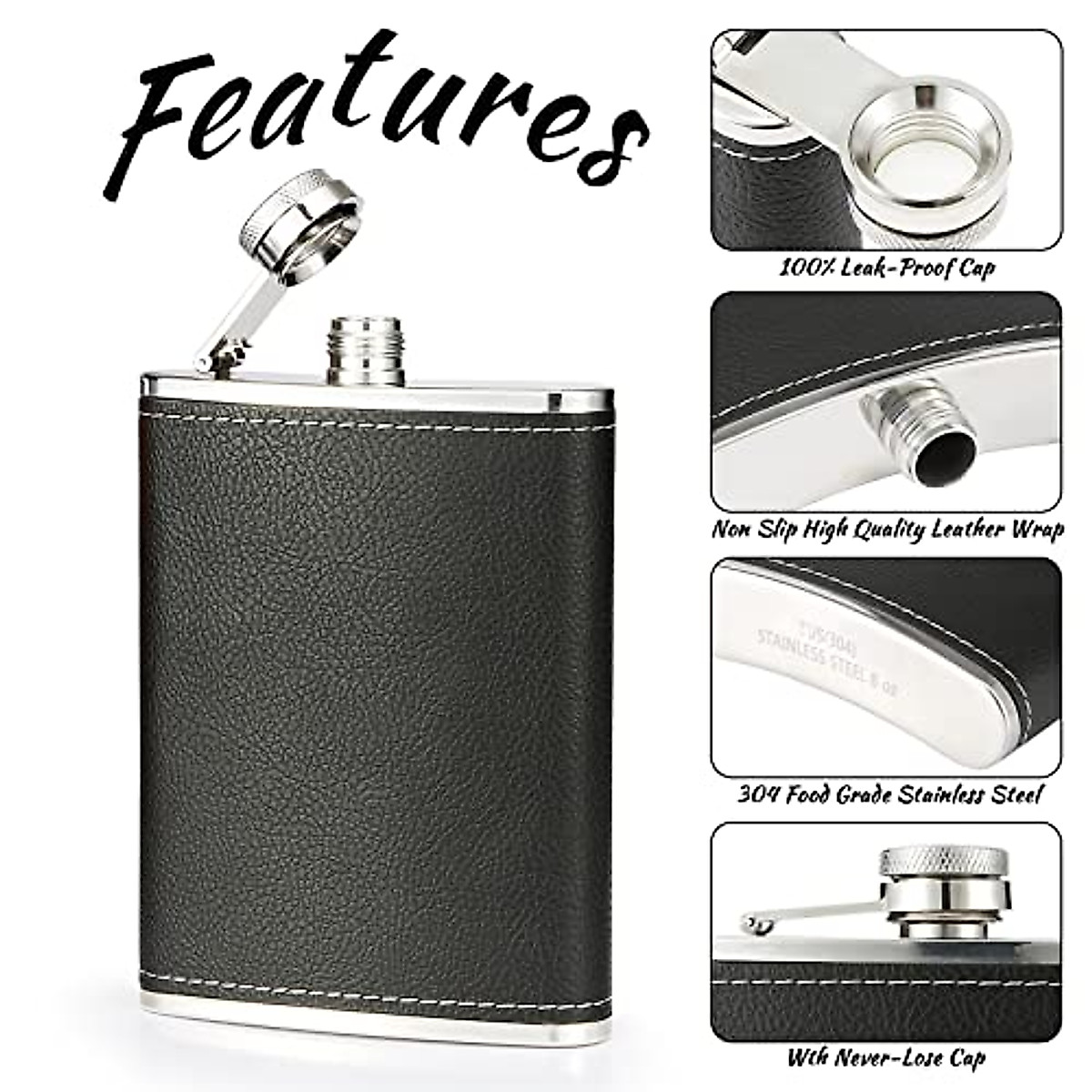 Hip Flask Gift Set for Men, 8 Oz Leak Proof Flasks for Liquor with 2 Cups & Funnel in Gift Box, Food Grade Stainless Steel Black Leather Pocket Flask for Whiskey, Wedding Party Groomsman Gift