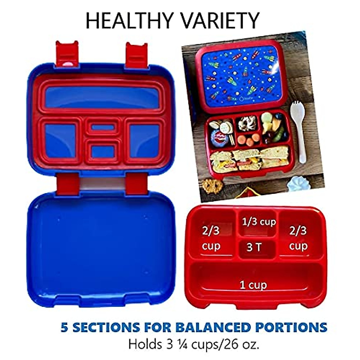 kinsho Bento Lunch Box and Matching Lunch Bag with Ice Pack Set for Kids, Toddlers (Blue Red Rockets)