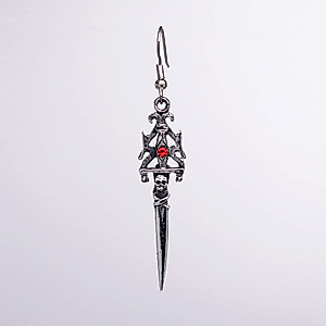 Gothic Skull Dagger Medieval Renaissance Dangle Earrings with Red Austrian Crystals