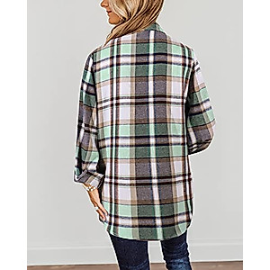 Hibluco Women's Fall Plaid Flannel Shacket Jacket Long Sleeve Button Down Shirt Light Green