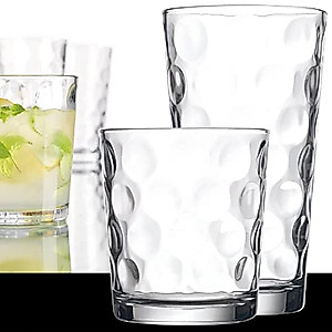 Home Essentials & Beyond Drinking Glasses Set Of 16 8 Highball Glasses (17 oz.), 8 Rocks Whiskey Glass cups (13 oz.), Inner Circular Lensed Glass Cups for Water, Juice and Cocktails.