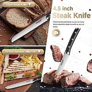 Warmot® Kitchen Knife Set, 15 Pieces Knife Set Chef with Knife Sharpener Block, Ultra Sharp German Stainless Steel Knife Set Ergonomic Handle, Elegant Black